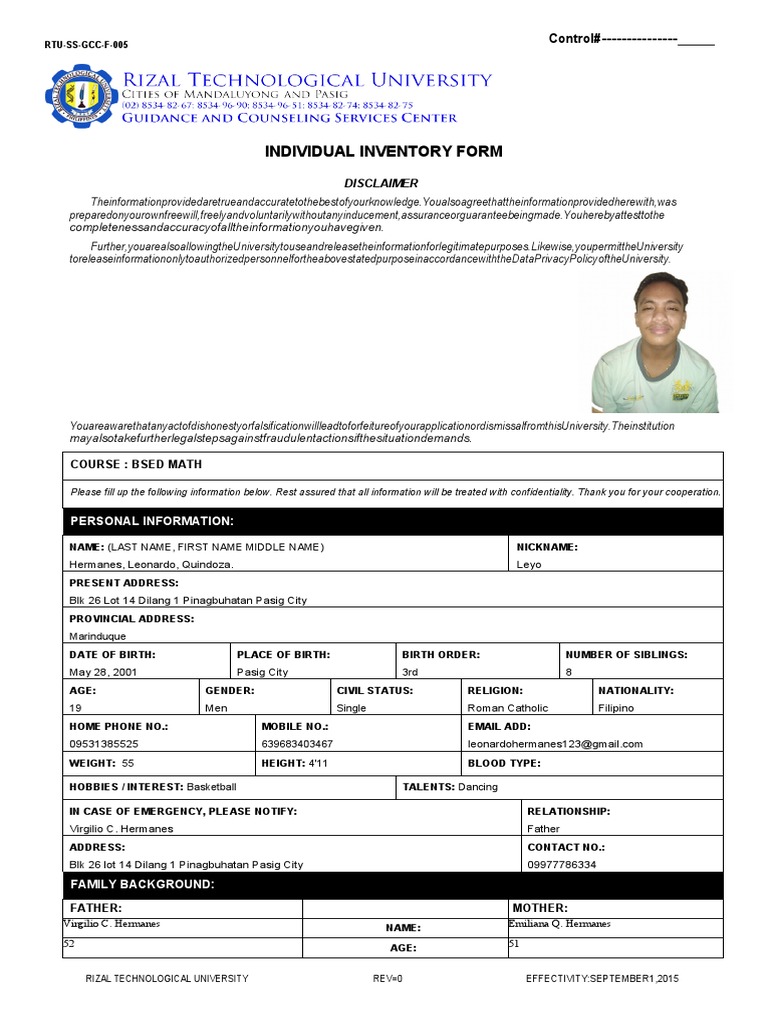 Rtu Ss GCC F 005 Individual Inventory Form | PDF | Human Nature ...