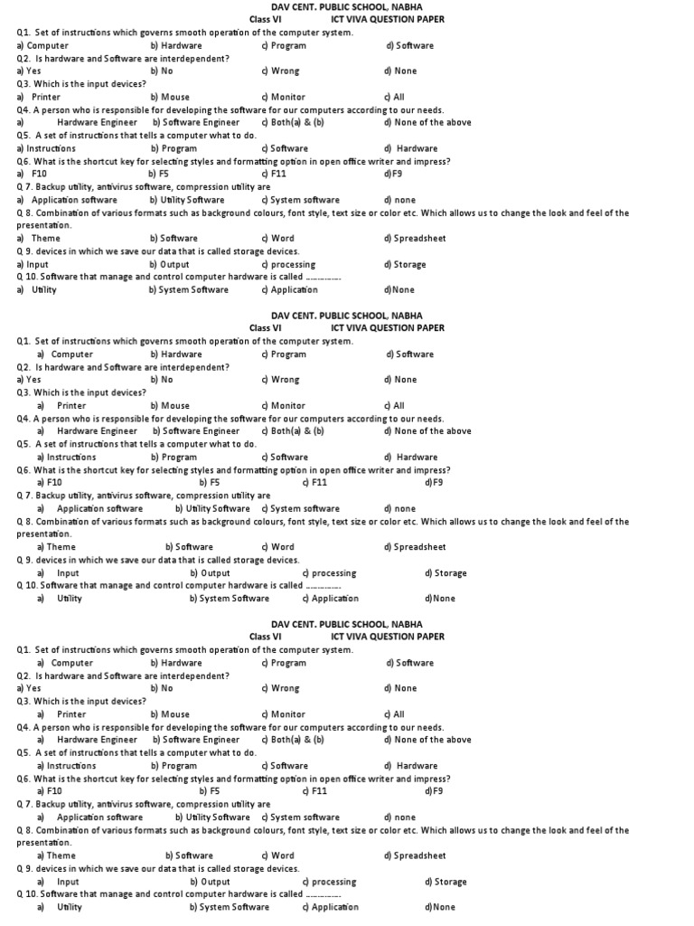 Viva Question Paper Class 6 | PDF | Input/Output | Computer Hardware