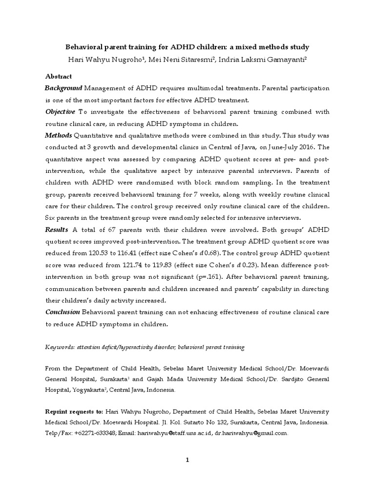 Behavioral Parent Training For ADHD Children A Mixed Methods Study ...