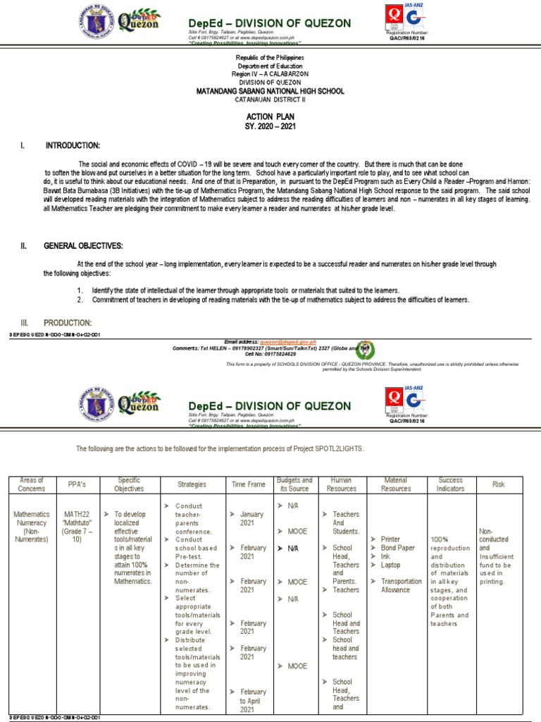 Deped - Division of Quezon: Action Plan SY. 2020 - 2021 I | PDF | Iso ...
