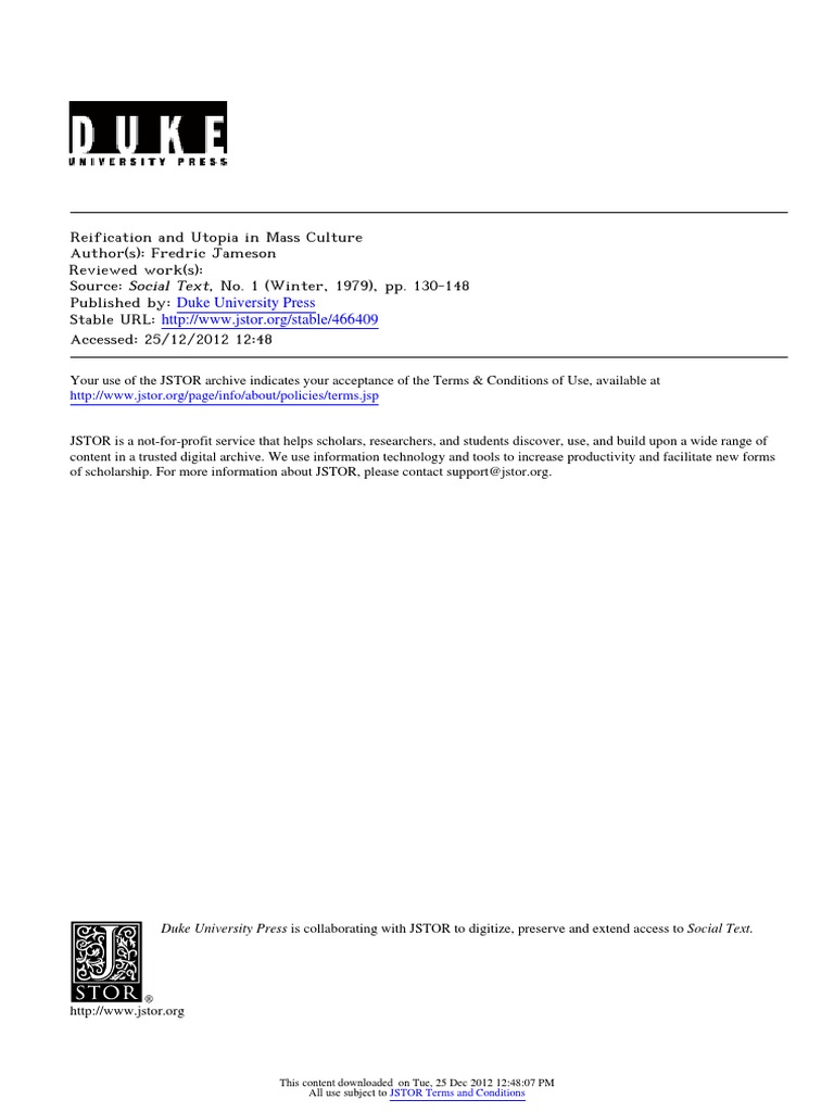 Reification and Utopia in Mass Culture | PDF | Social Science