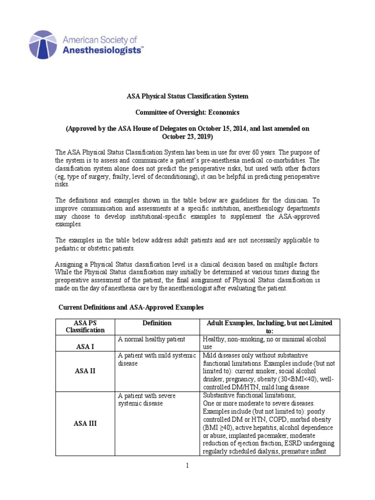 Asa Physical Status Classification System | PDF | Diseases And ...