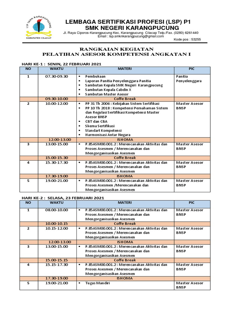 Jadwal Pelatihan Asesor Kompetensi | PDF