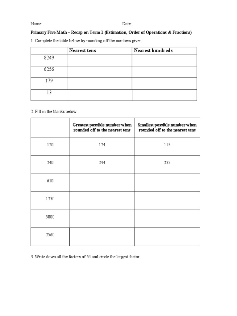 Grade 5 Math Term 1 Recap Worksheet | PDF | Teaching Mathematics