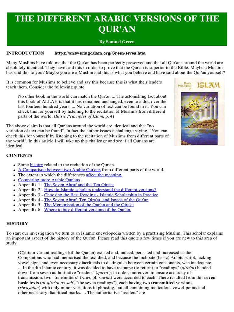 The Different Arabic Versions of The Qur'An: by Samuel Green | PDF ...