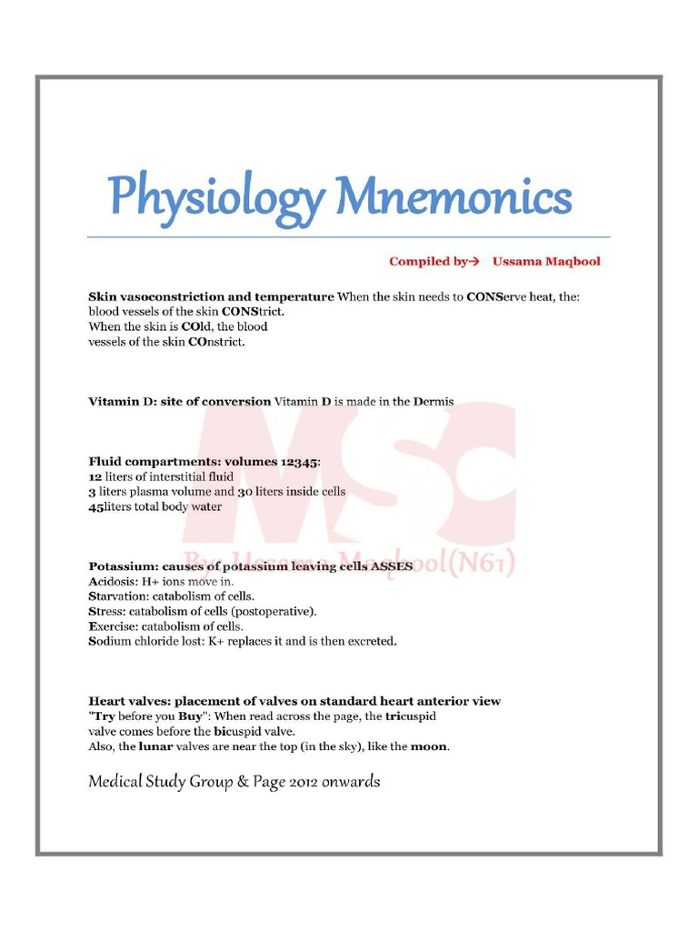 Physiology Mnemonics by Medical Study Center | PDF