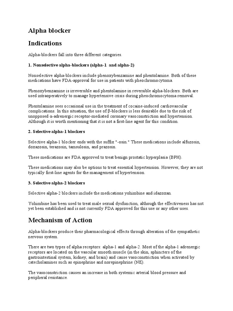 Alpha Blocker Indications: 1. Nonselective Alpha-Blockers (Alpha-1 and ...