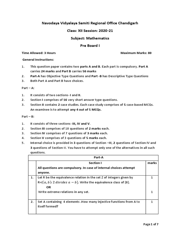Navodaya Vidyalaya Samiti Regional Office Chandigarh Class: XII Session: 2020-21 Subject ...