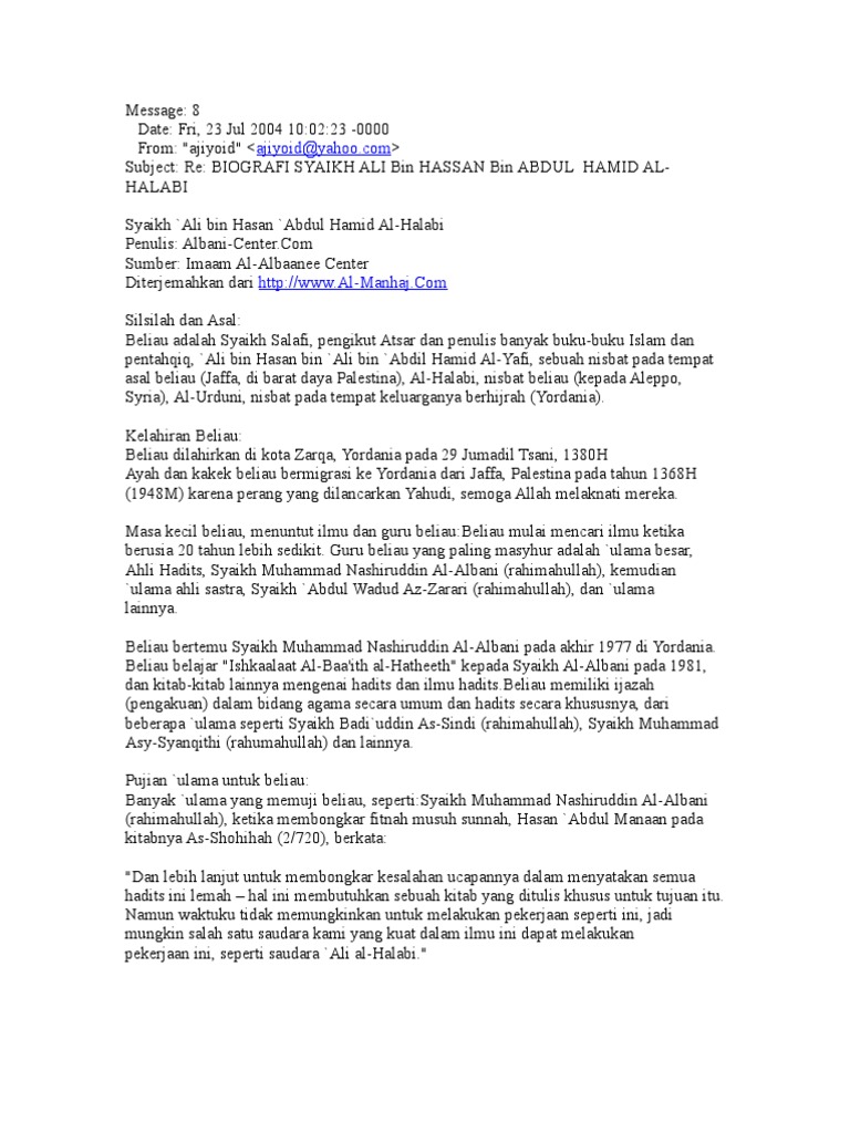 Biografi Syaikh Ali Bin Hassan Bin Abdul Hamid Al-Halabi | PDF