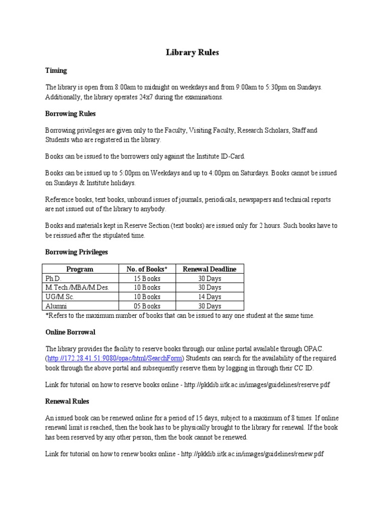 Library Rules: Timing | Download Free PDF | Libraries | Workweek And ...