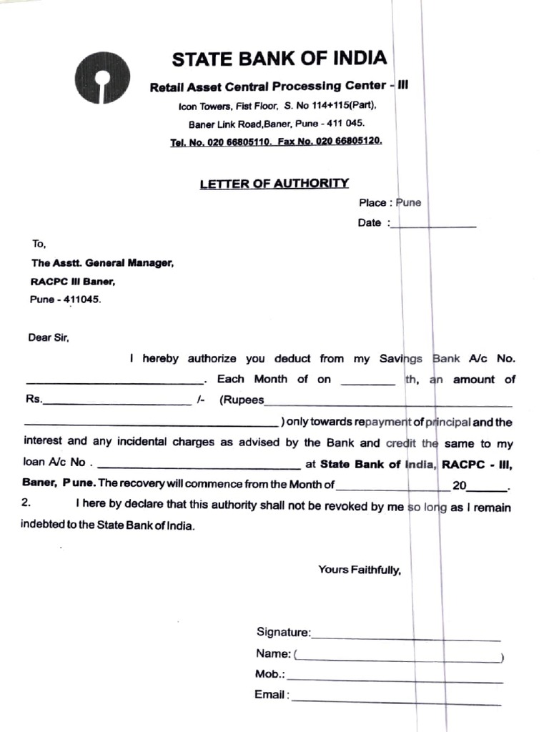 SBI EMI Deduction Authorization Letter | PDF