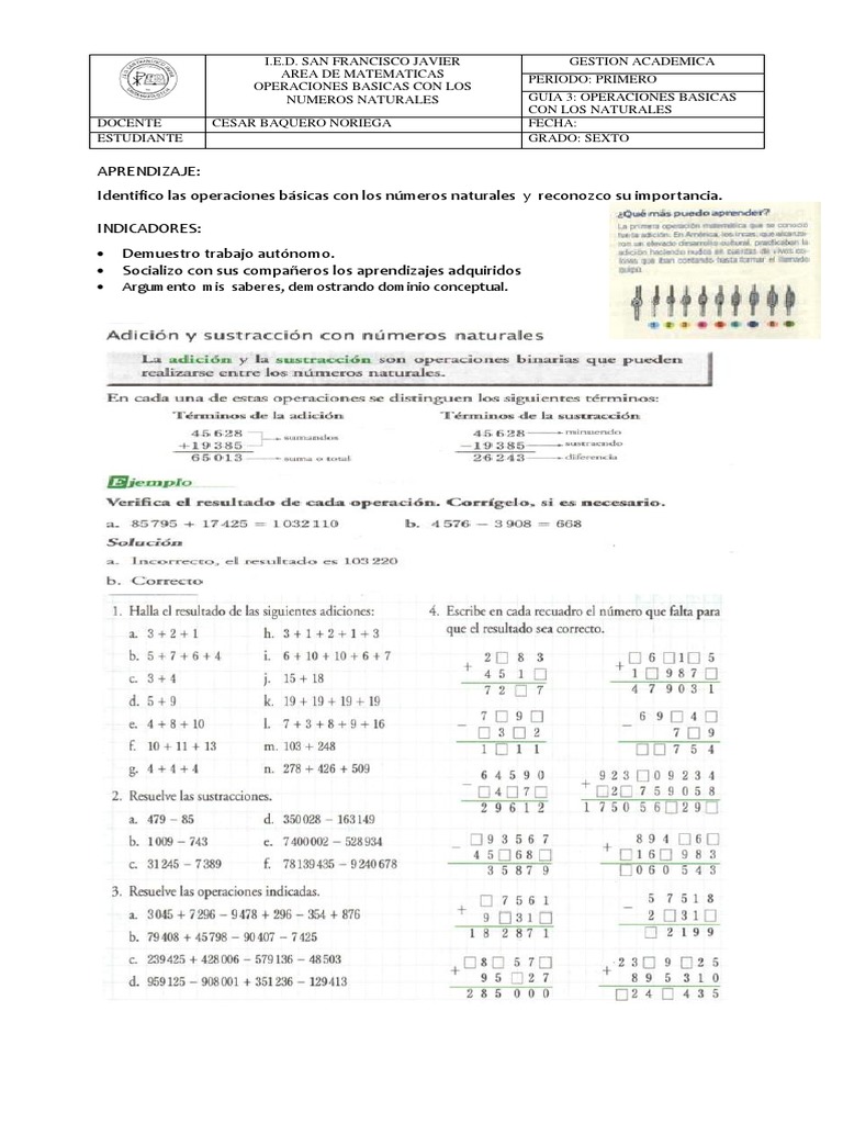 Guia 3 Operaciones Basicas en N | PDF | Enseñanza de matemática | Álgebra