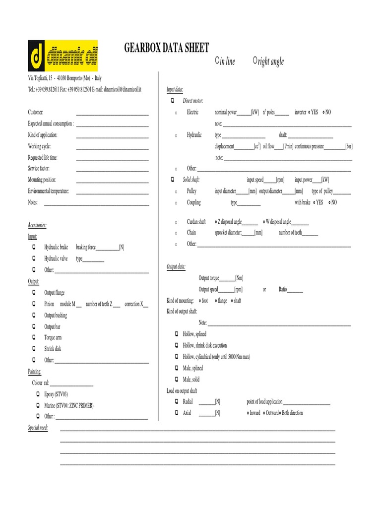 Gearbox Data Sheet: in Line Right Angle | PDF | Equipment | Vehicles