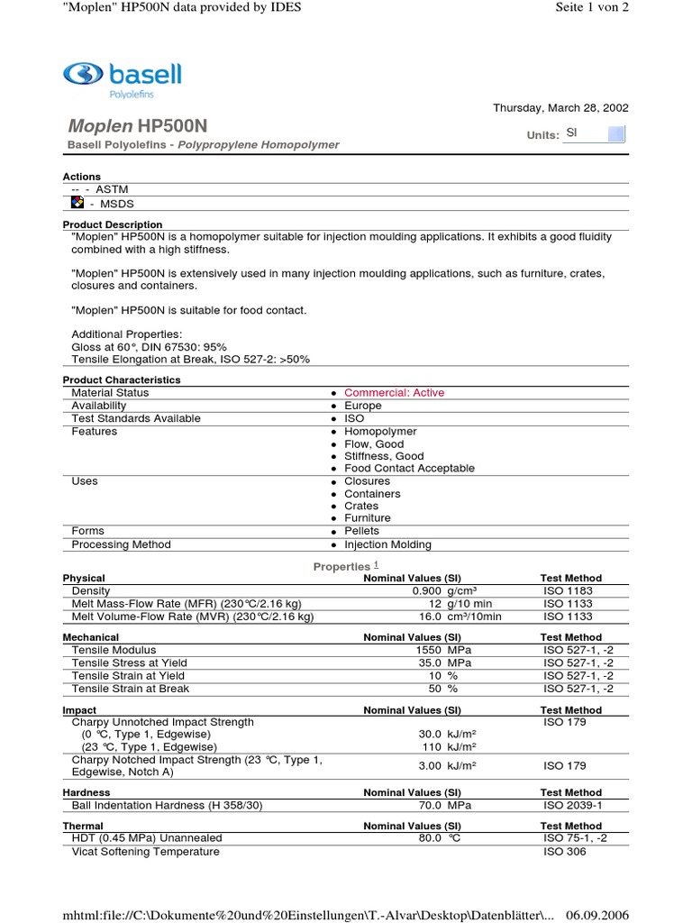 PP Homo Basell - HP500N | PDF | Yield (Engineering) | Polymers