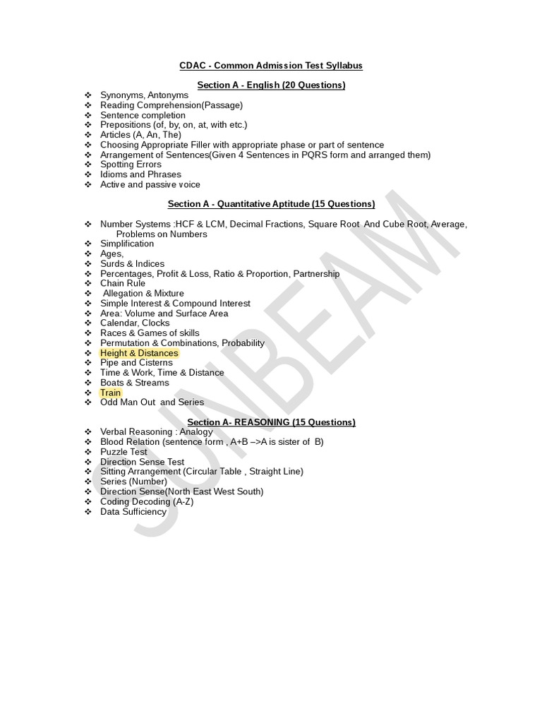 CDAC - Common Admission Test Syllabus Section A - English (20 Questions ...