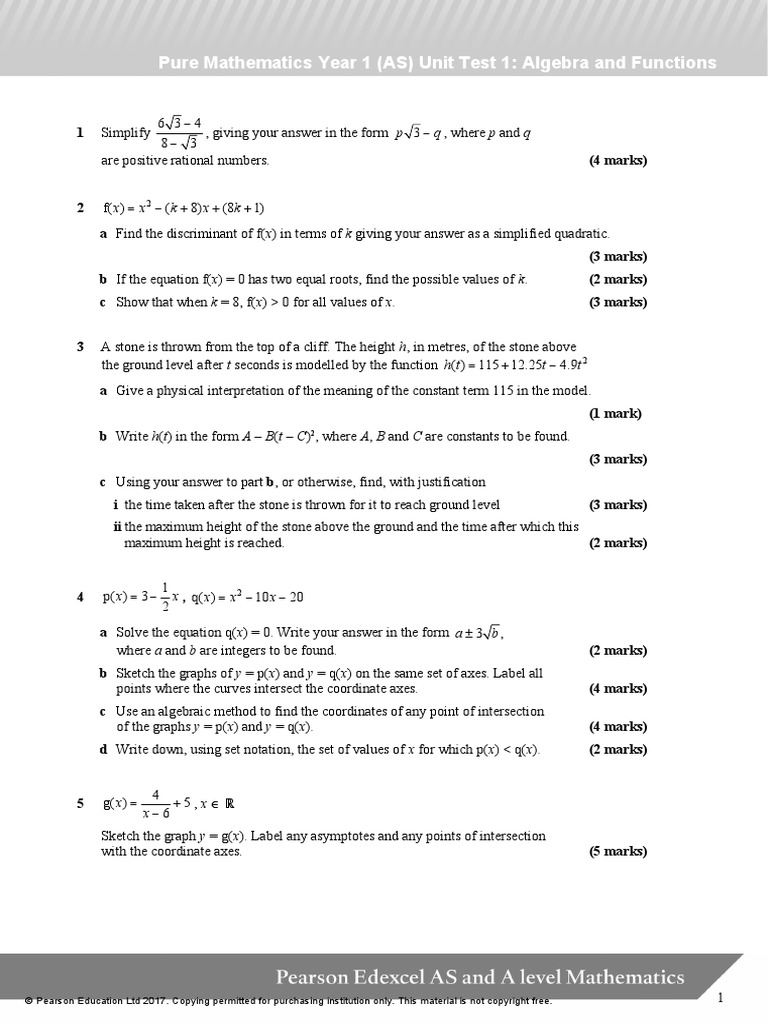 Pure Mathematics Year 1 (AS) Unit Test 1: Algebra and Functions | PDF ...