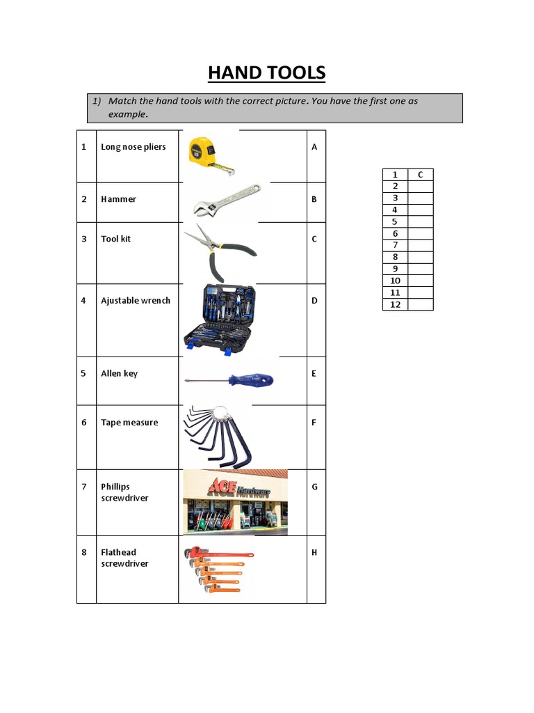 Hand Tools: 1) Match The Hand Tools With The Correct Picture. You Have ...
