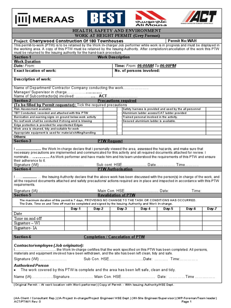 Health, Safety and Environment: Work at Height Permit (Grey Format ...