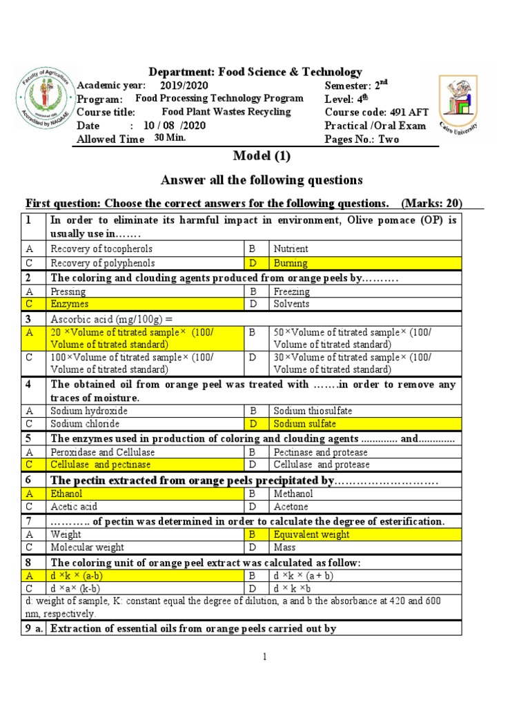 Model (1) Answer All The Following Questions: Department: Food Science ...