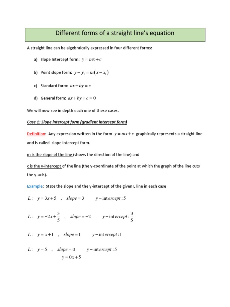 Different Forms of A Straight Line's Equation | PDF | Slope | Line ...