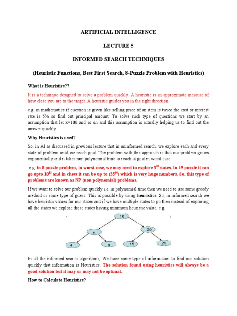 Artificial Intelligence Informed Search Techniques (Heuristic Functions ...