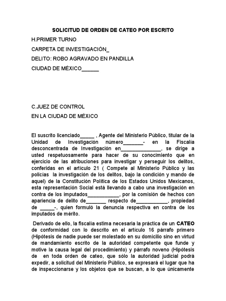 Solicitud De Orden De Cateo Por Escrito Pdf Gobierno Justicia