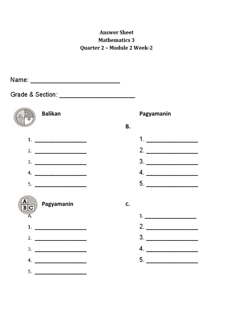 Answer Sheet Grade 3 Math Q2 Mod 2 Week 2 | PDF