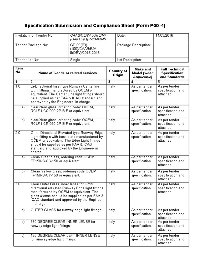 Specification Submission and Compliance Sheet (Form PG3-4) : CAAB/CE/W ...