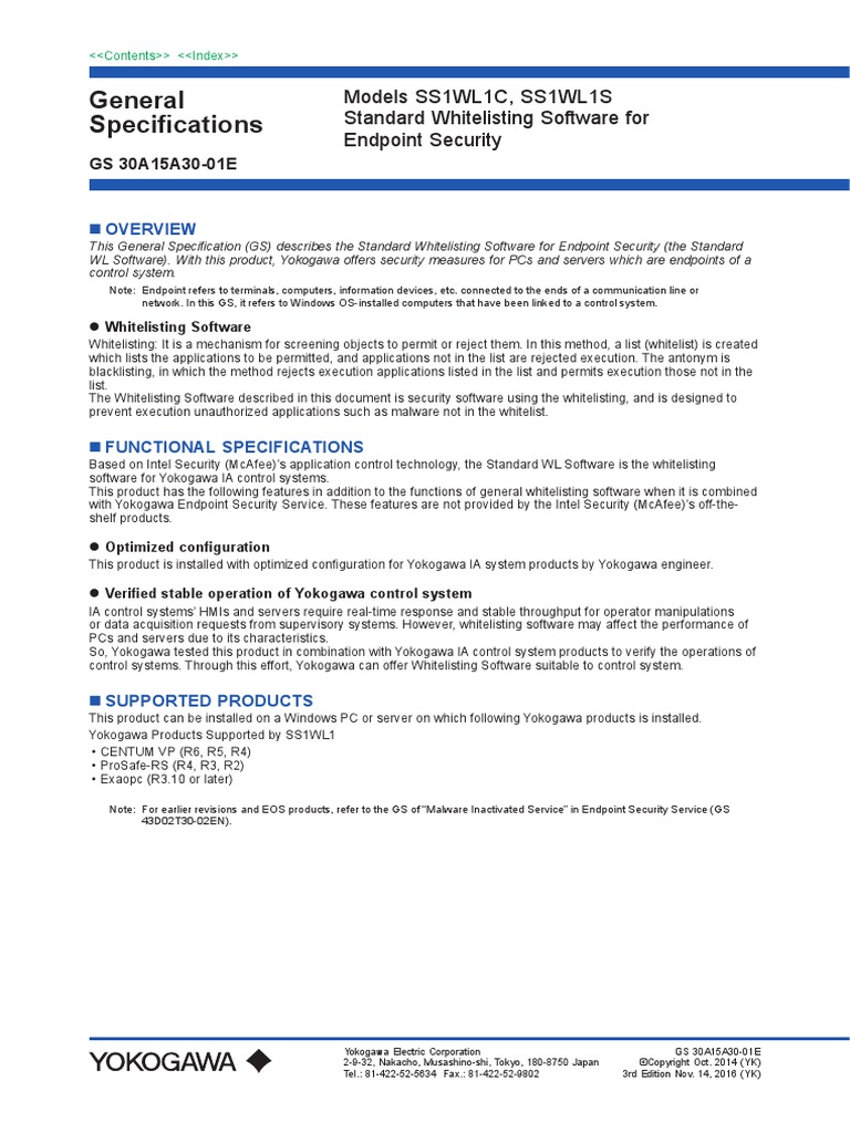 General Specifications: Models SS1WL1C, SS1WL1S Standard Whitelisting ...