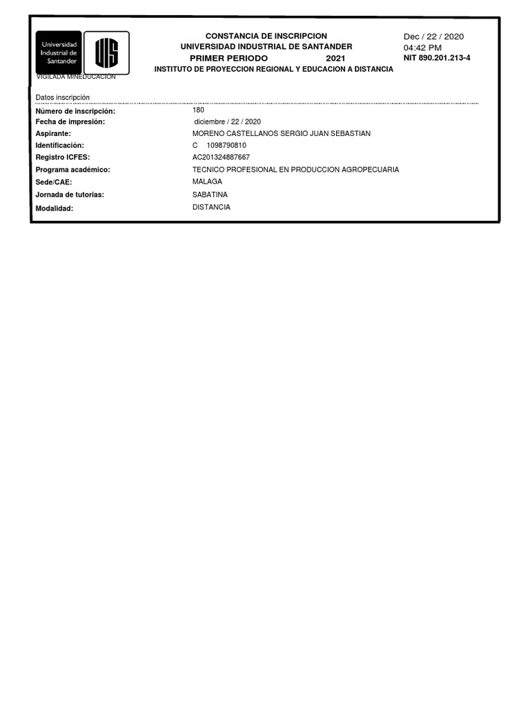 Constancia - Inscripcion Uis Sebastian | PDF