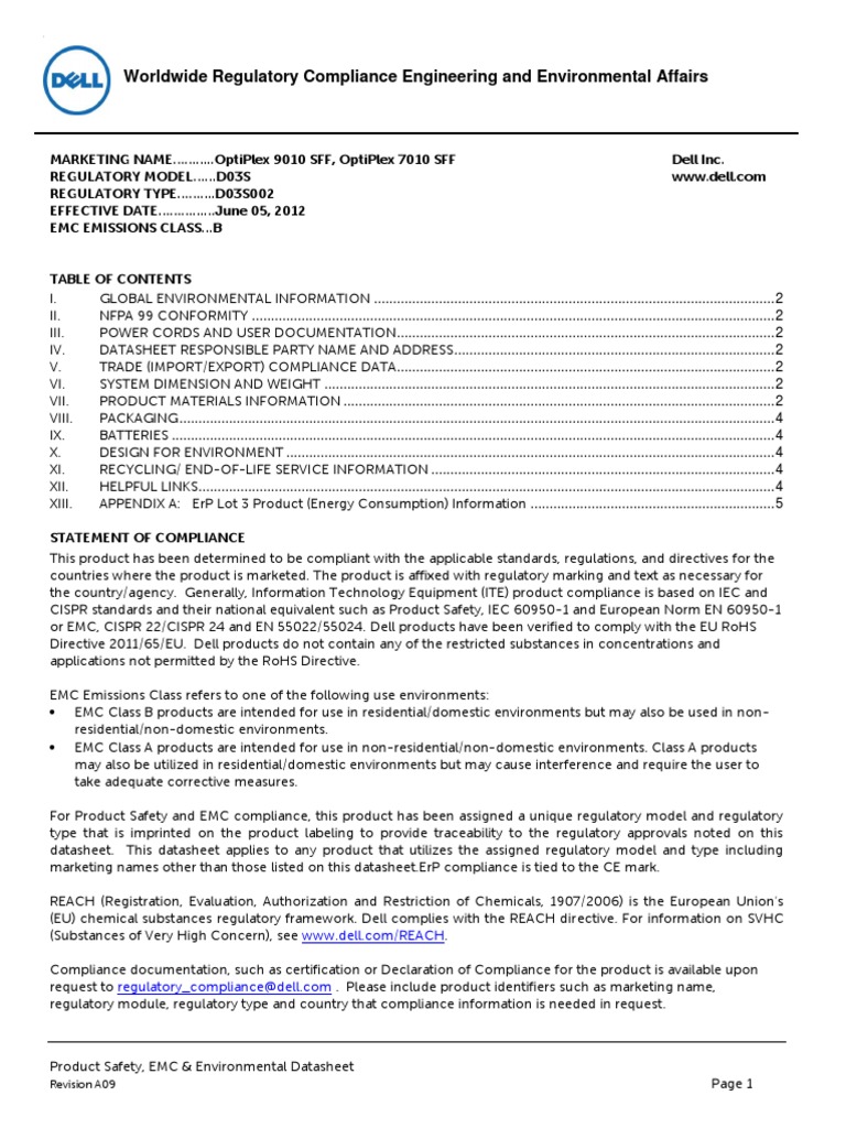 Dell Optiplex 7010 Small Form Factor, d03s, d03s002, Dell Regulatory ...