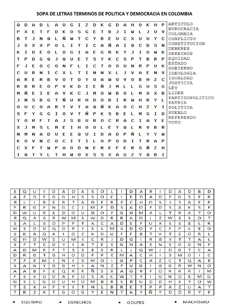 Sopa de Letras Terminos de Politica y Democracia en Colombia | PDF