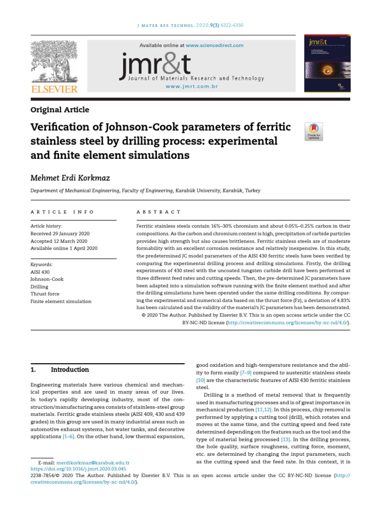Verification of Johnson-Cook Parameters of Ferritic Stainless Steel by ...