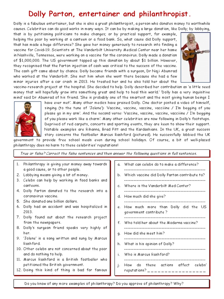 RC Dolly Parton Entertainer and Philanthropist Reading Comprehension ...