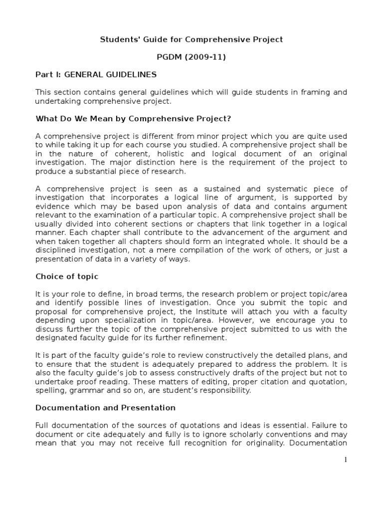 Students' Guide For Comprehensive Project PGDM (2009-11) Part I: General Guidelines | PDF ...