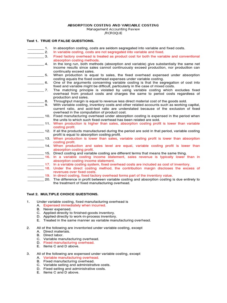 05 Absorption Vs Variable Costing Answer KEY | PDF | Inventory | Financial Accounting