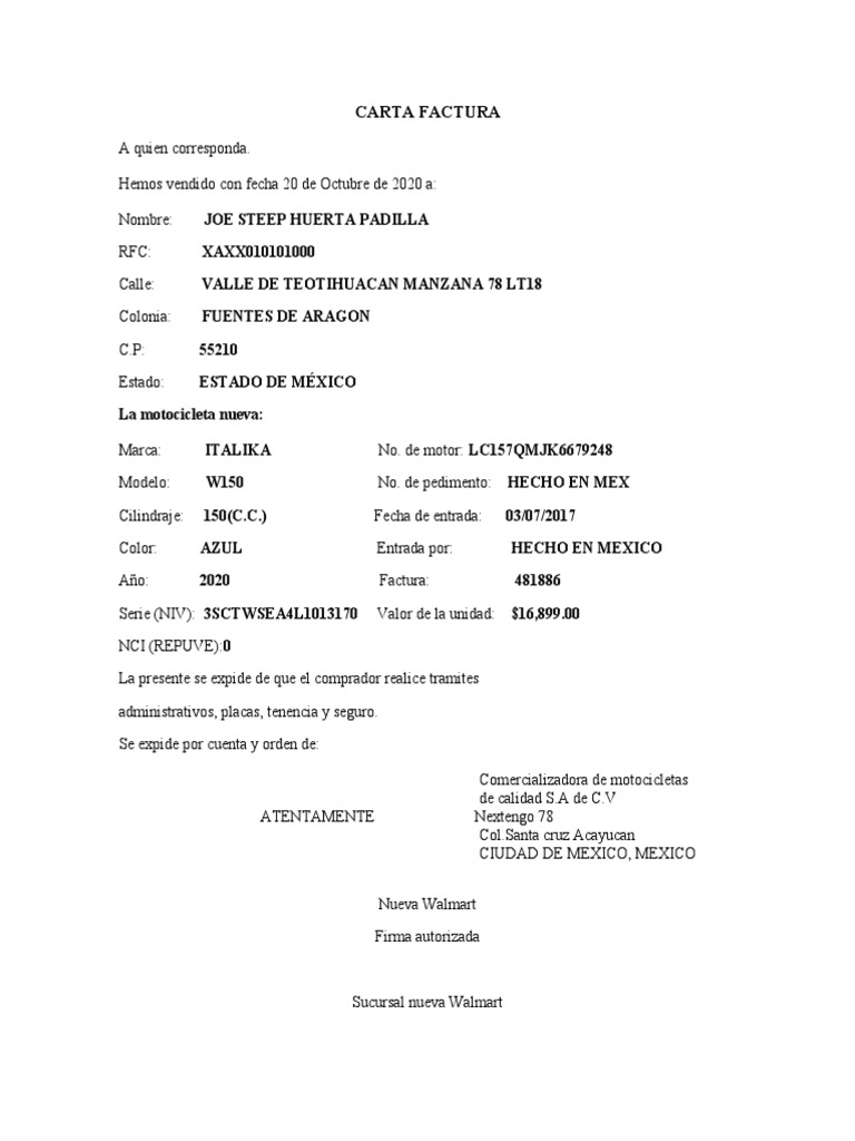 Carta Factura Ejemplo | PDF