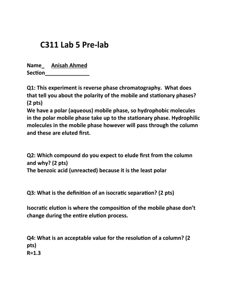 C311 Lab 5 Pre-lab on Chromatography | PDF