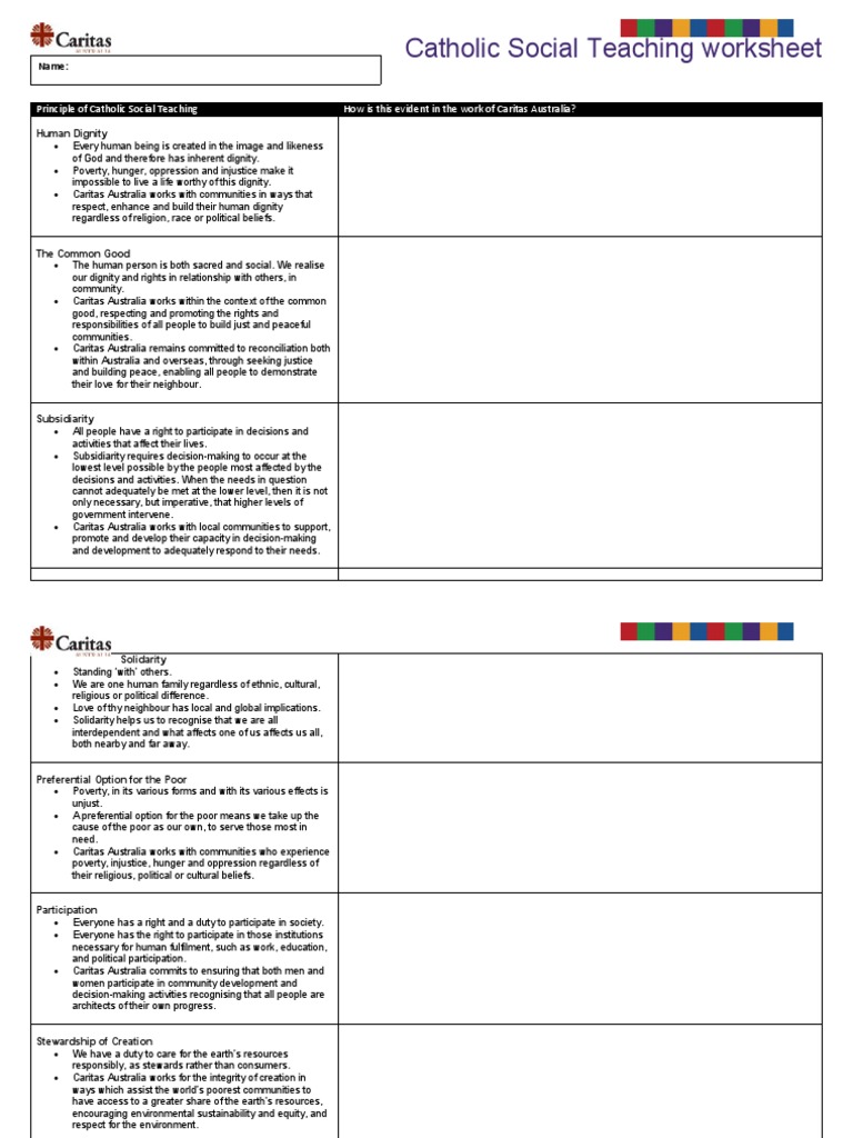 Catholic Social Teaching Worksheet: Name | PDF | Catholic Social ...