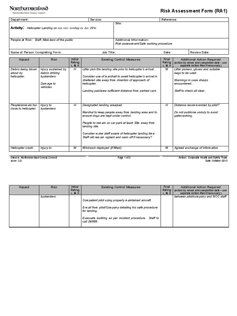Helicopter Landing Risk Assessment Form | PDF | Occupational Safety And ...