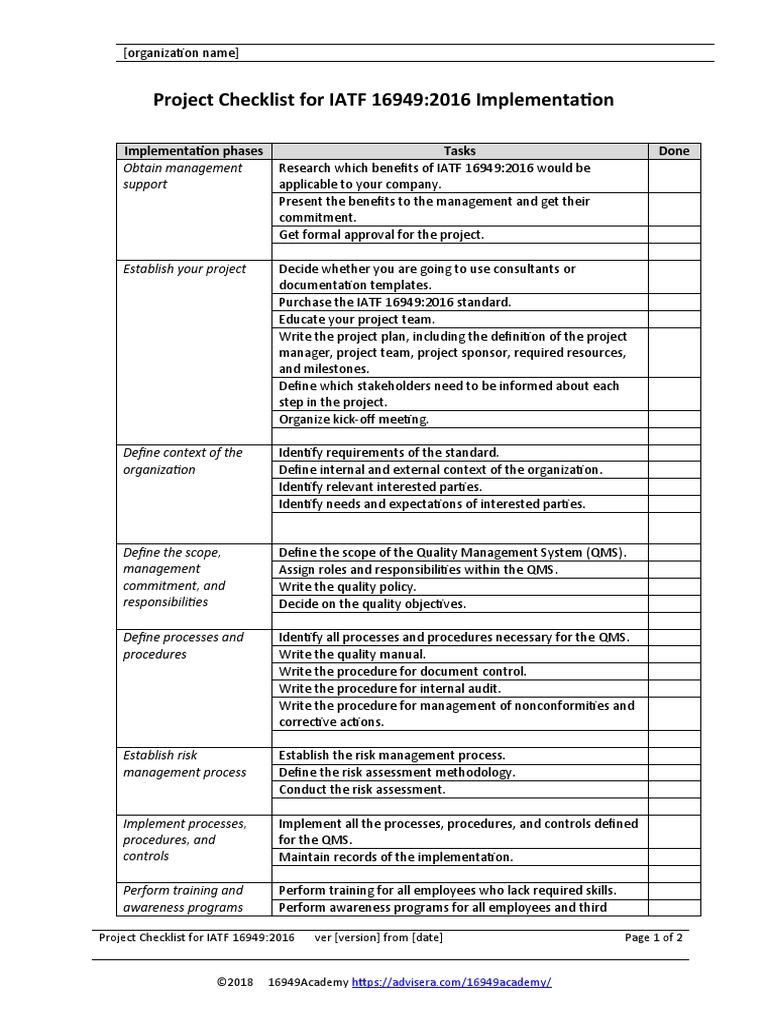 Project Checklist For IATF 16949 Implementation EN | PDF | Internal ...