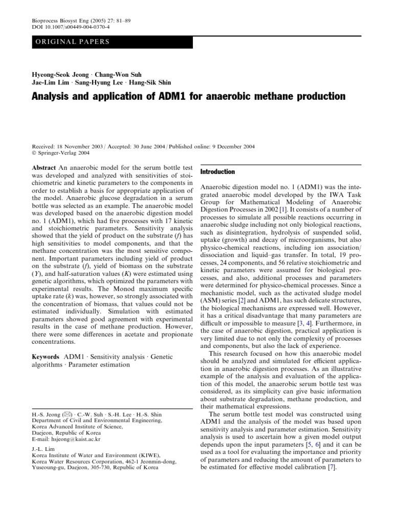 Jeong (2005) Analysis and Application of ADM1 For Anaerobic Methane ...