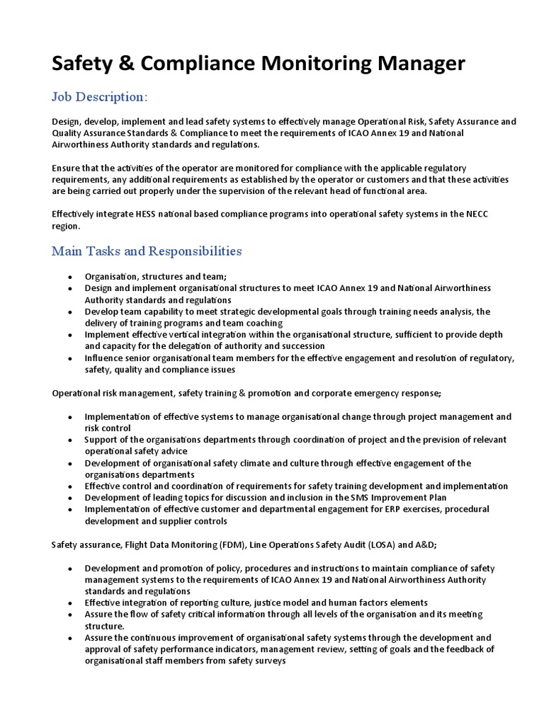 Safety & Compliance Monitoring Manager Role | PDF | Regulatory ...