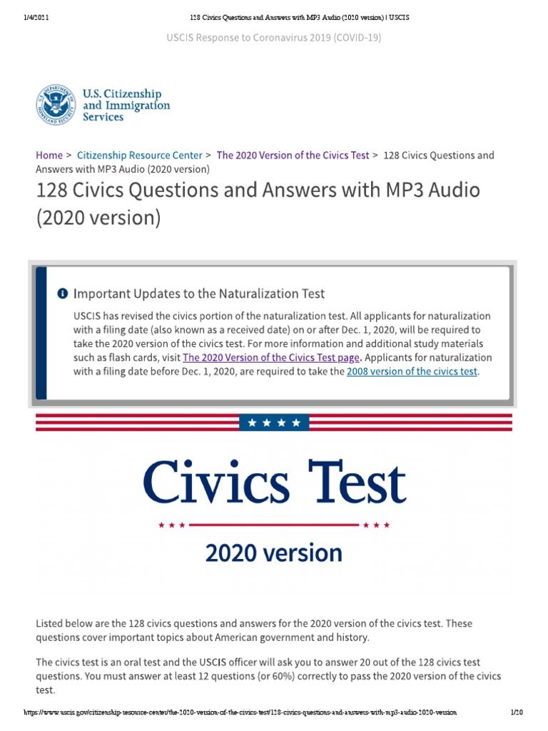 128 Civics Questions and Answers (2020 Version) USCIS | PDF