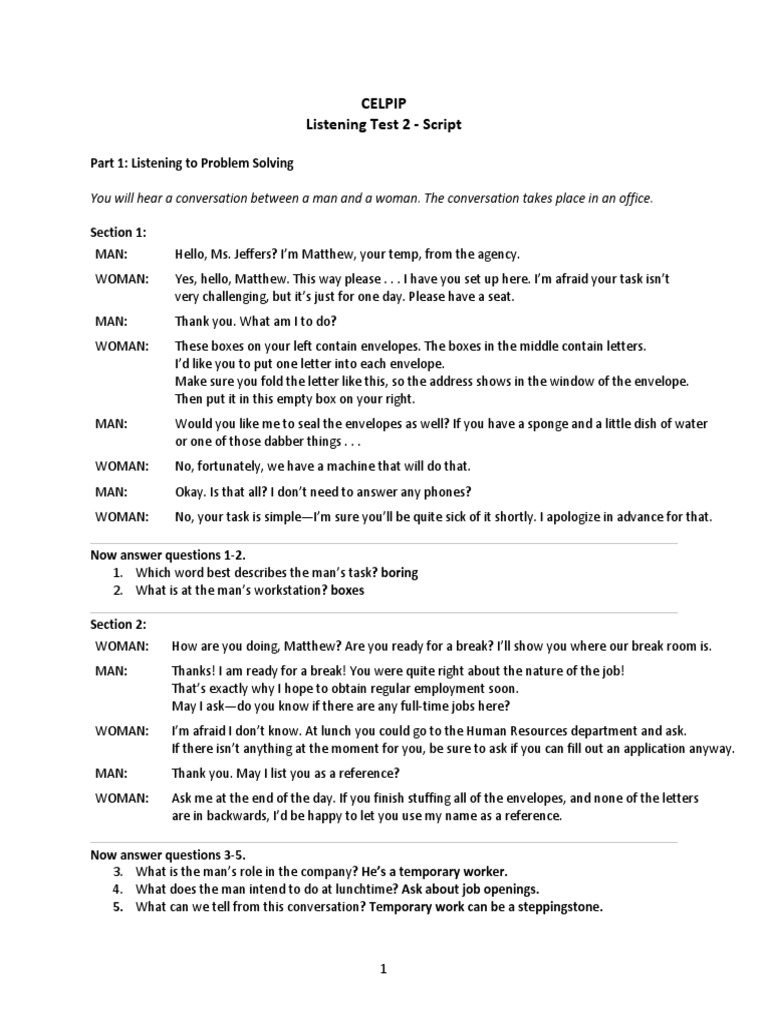 Celpip Listening Test 2 - Script: Part 1: Listening To Problem Solving ...