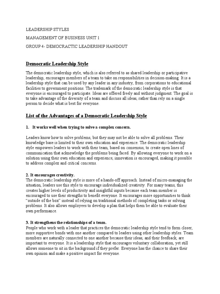 Democratic Leadership Style Handout | PDF | Leadership | Consensus ...