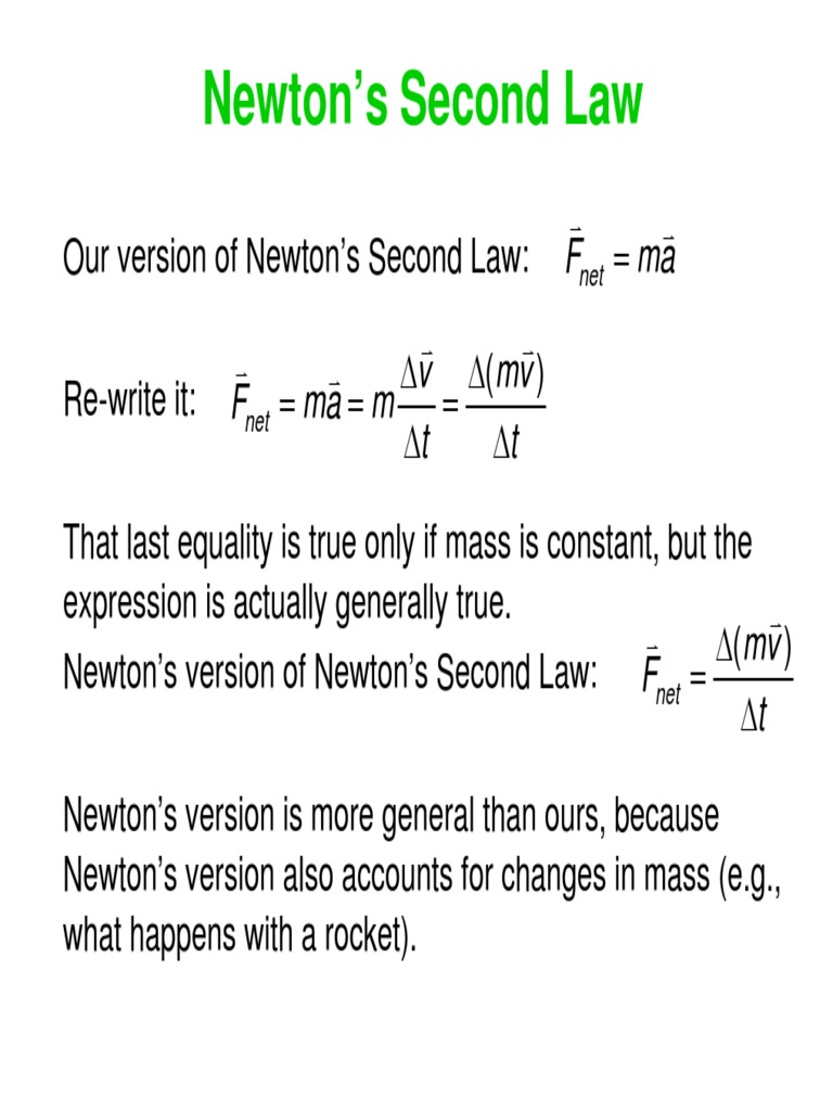 Newton's Second Law: F Ma V MV F Ma M T T | PDF | Collision | Momentum