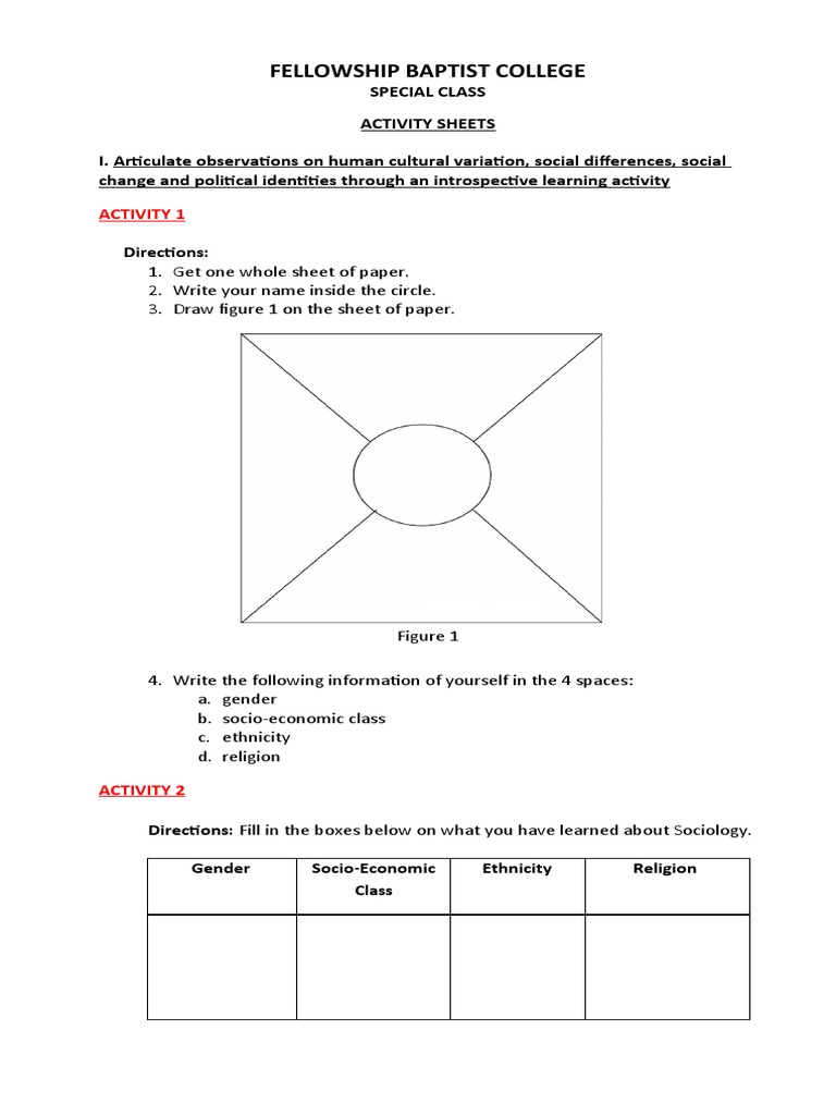 Activity Sheerts - FBC Special Class | PDF | Sociology | Anthropology