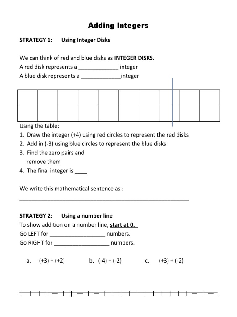 Adding Integers: Strategy 1: Using Integer Disks | PDF