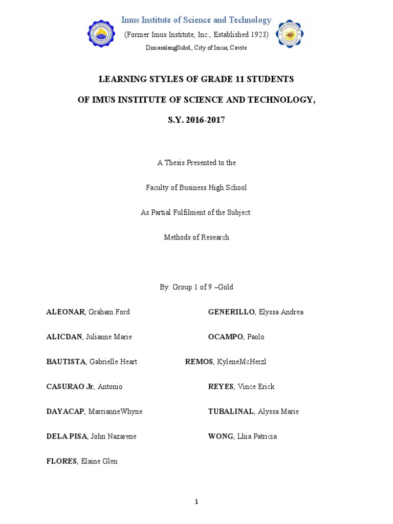 Learning Styles of Senior Highschool of Imus Institute of Science and Technology | PDF ...